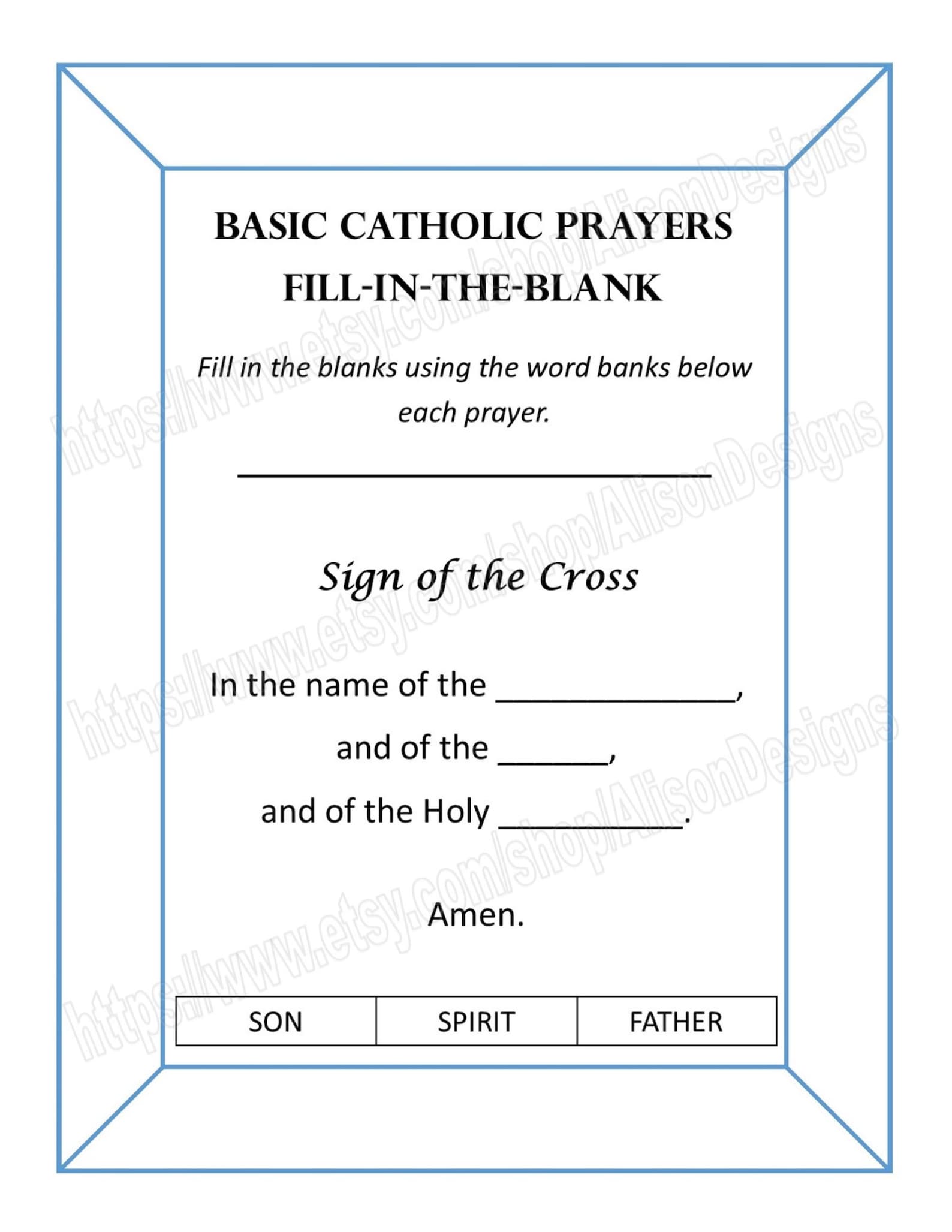 10 Basic Catholic Prayers, Printable Fill-in-the-blank Worksheets With and Without Word Banks ...
