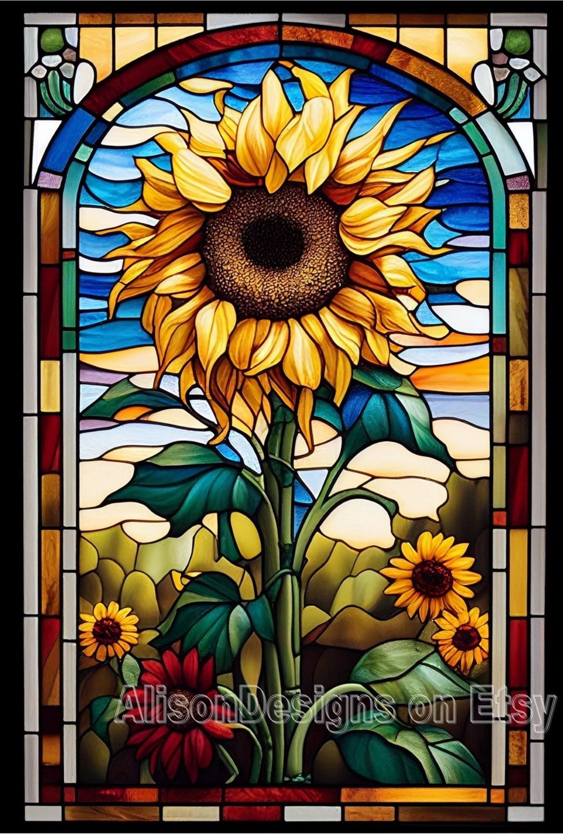 Sunflower Stained Glass Image Png Jpeg Pdf Instant Etsy