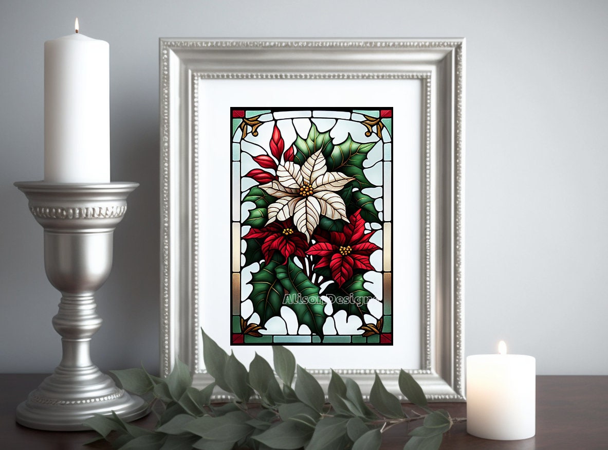 Poinsettia Stained Glass Style Printable Art Image PNG-JPG-PDF Instant ...