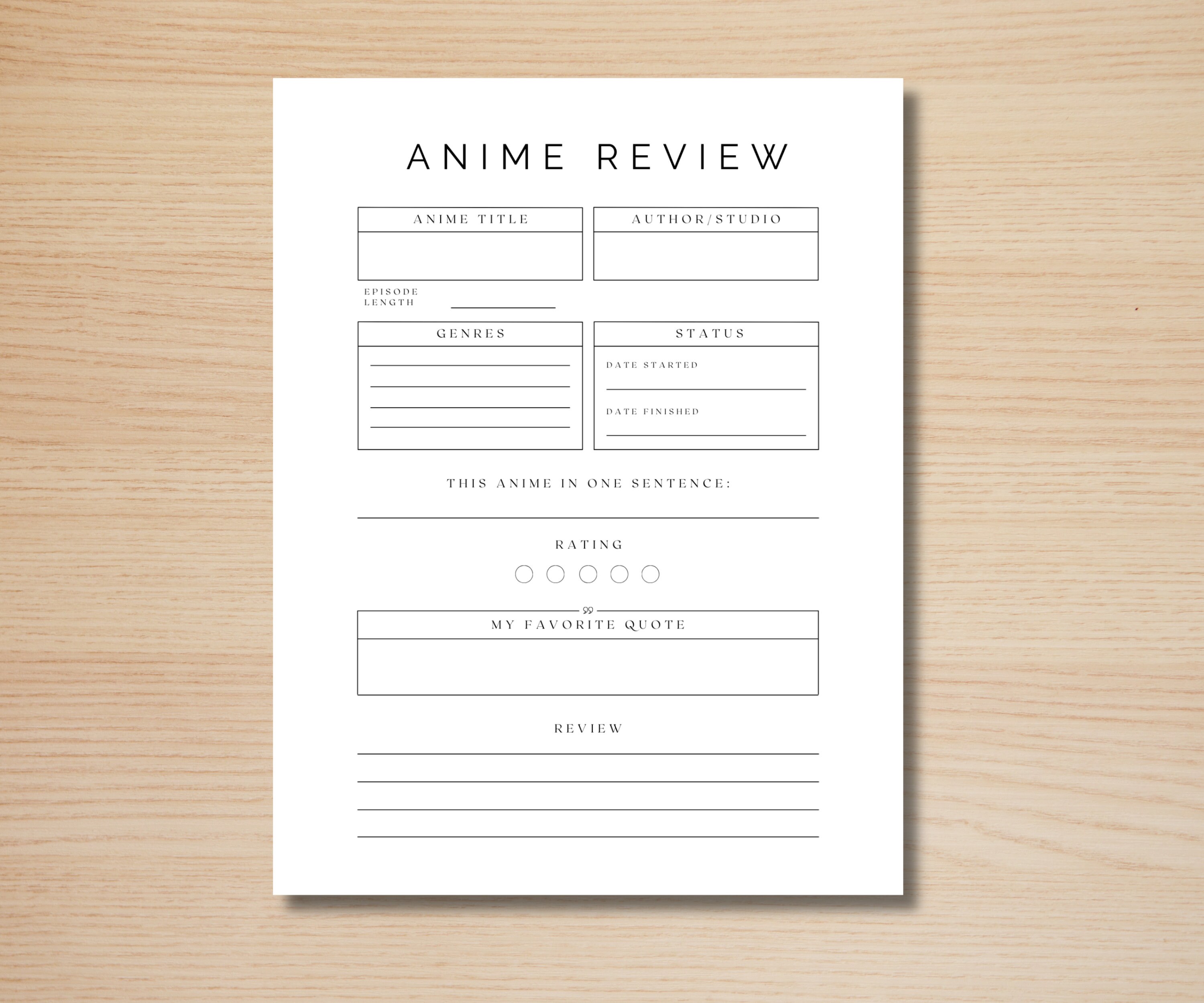 Anime Review Printable A4, A5, Letter Size PDF Anime Log Printable ...