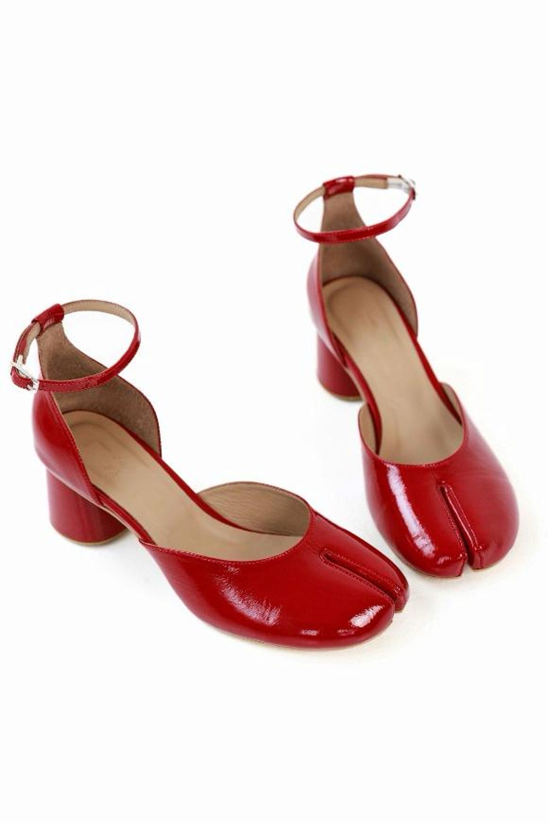 Red Leather Tabi Heels, Handmade Split Toe Block Heel Pumps - Etsy