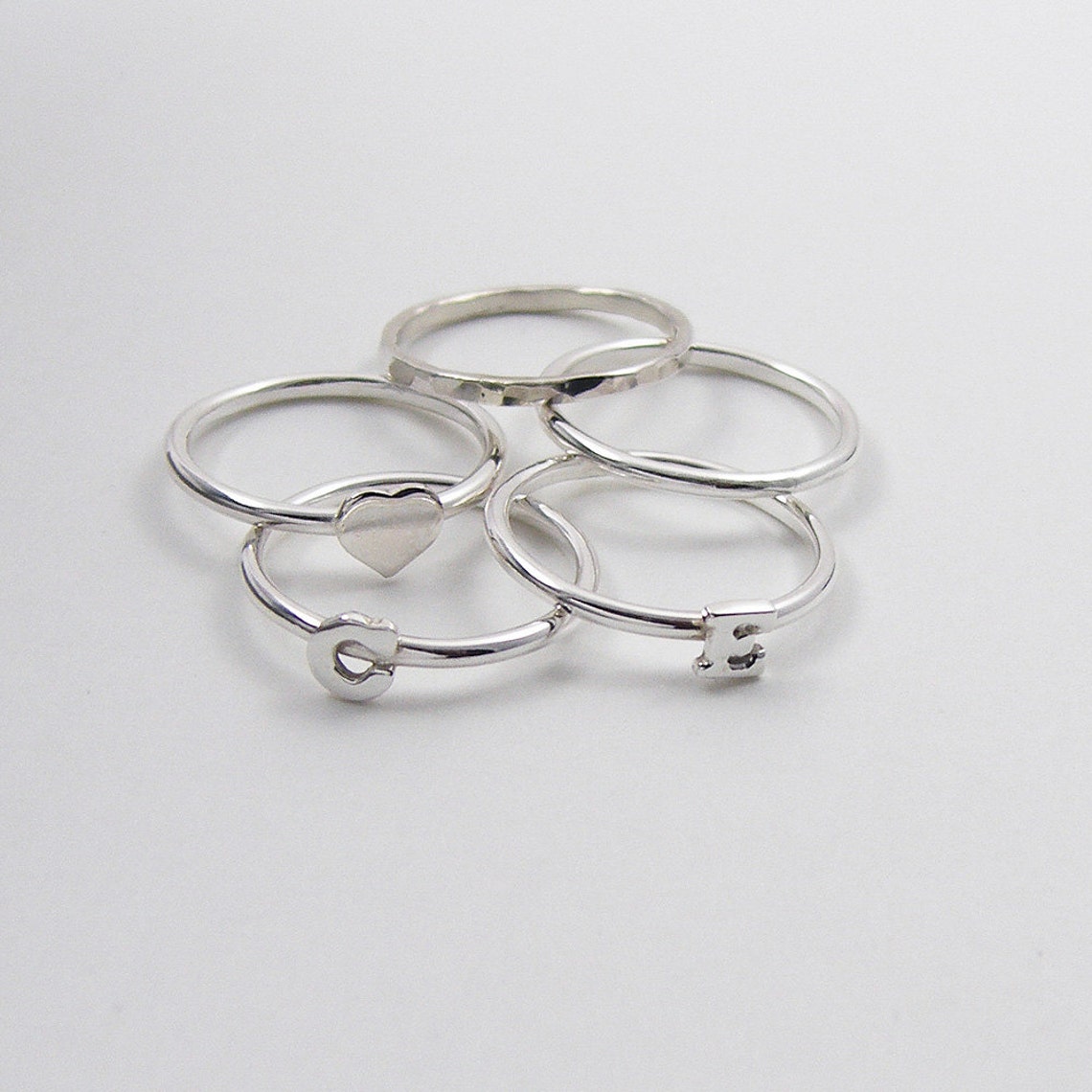 Silver Initial Stacking Rings 2 Initial Rings and 1 Heart | Etsy