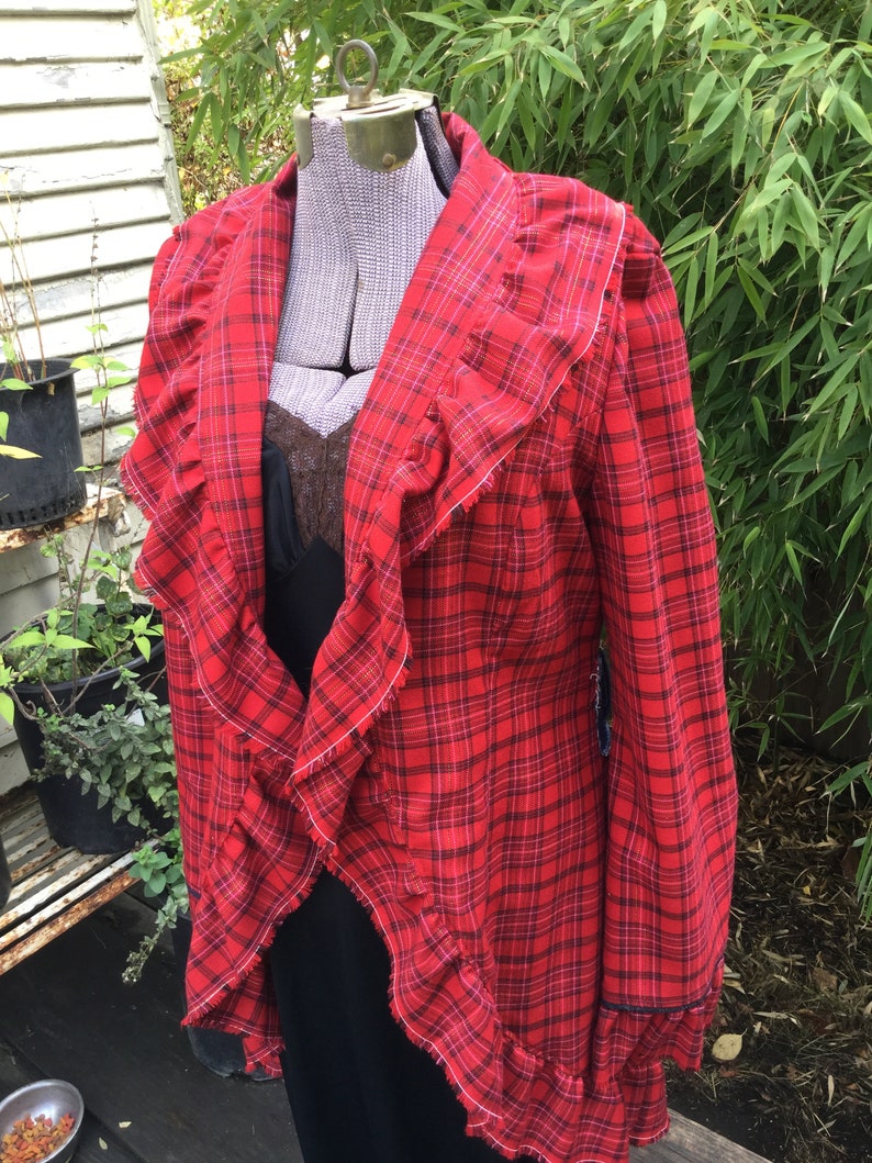 Red Plaid Womens Victorian Cutaway Jacket, Ruffled Edwardian Coat ...
