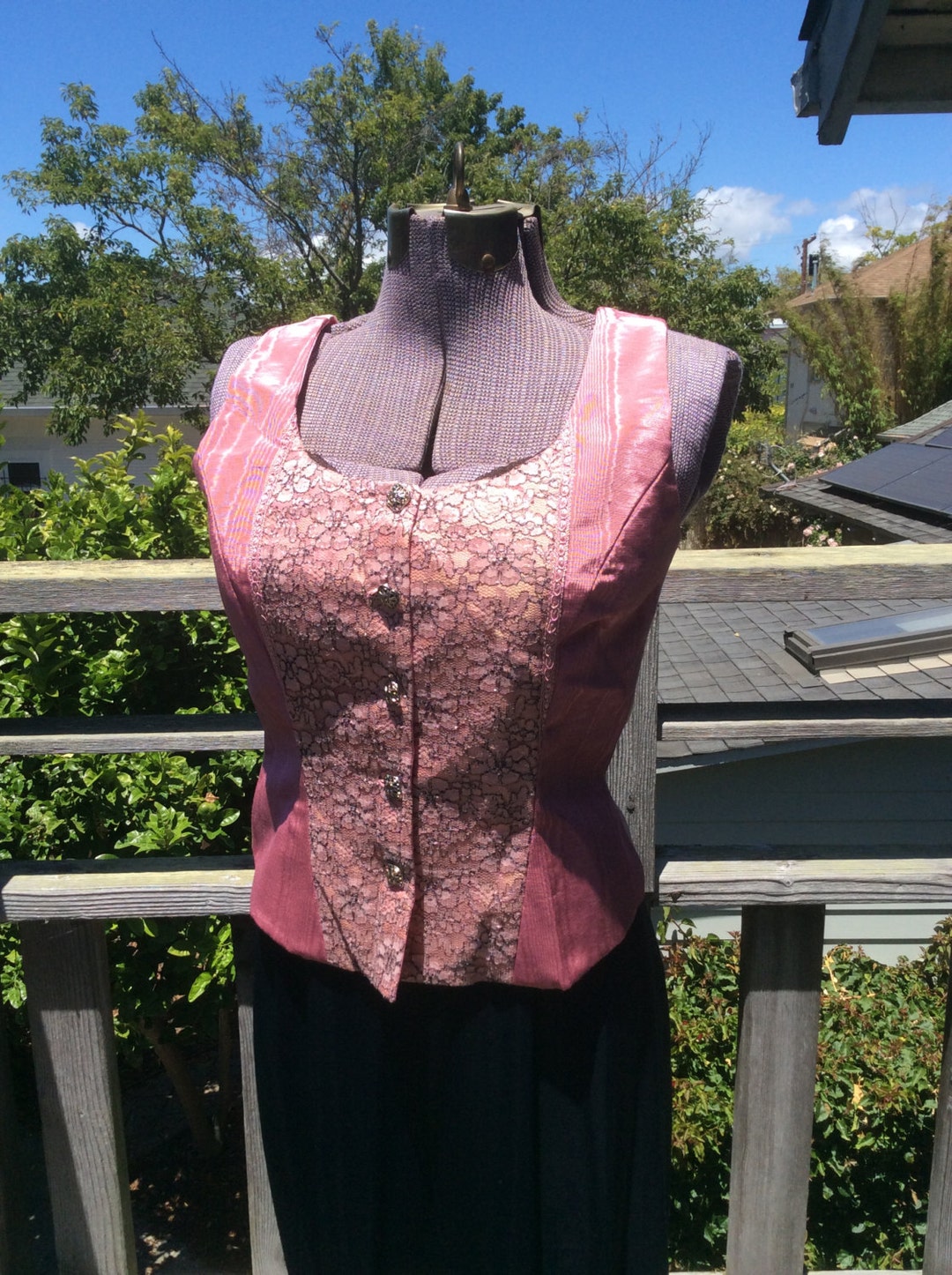 Pink Lace Brocade Women's Vest, Pink Taffeta and Lace Top, Holiday Wear ...
