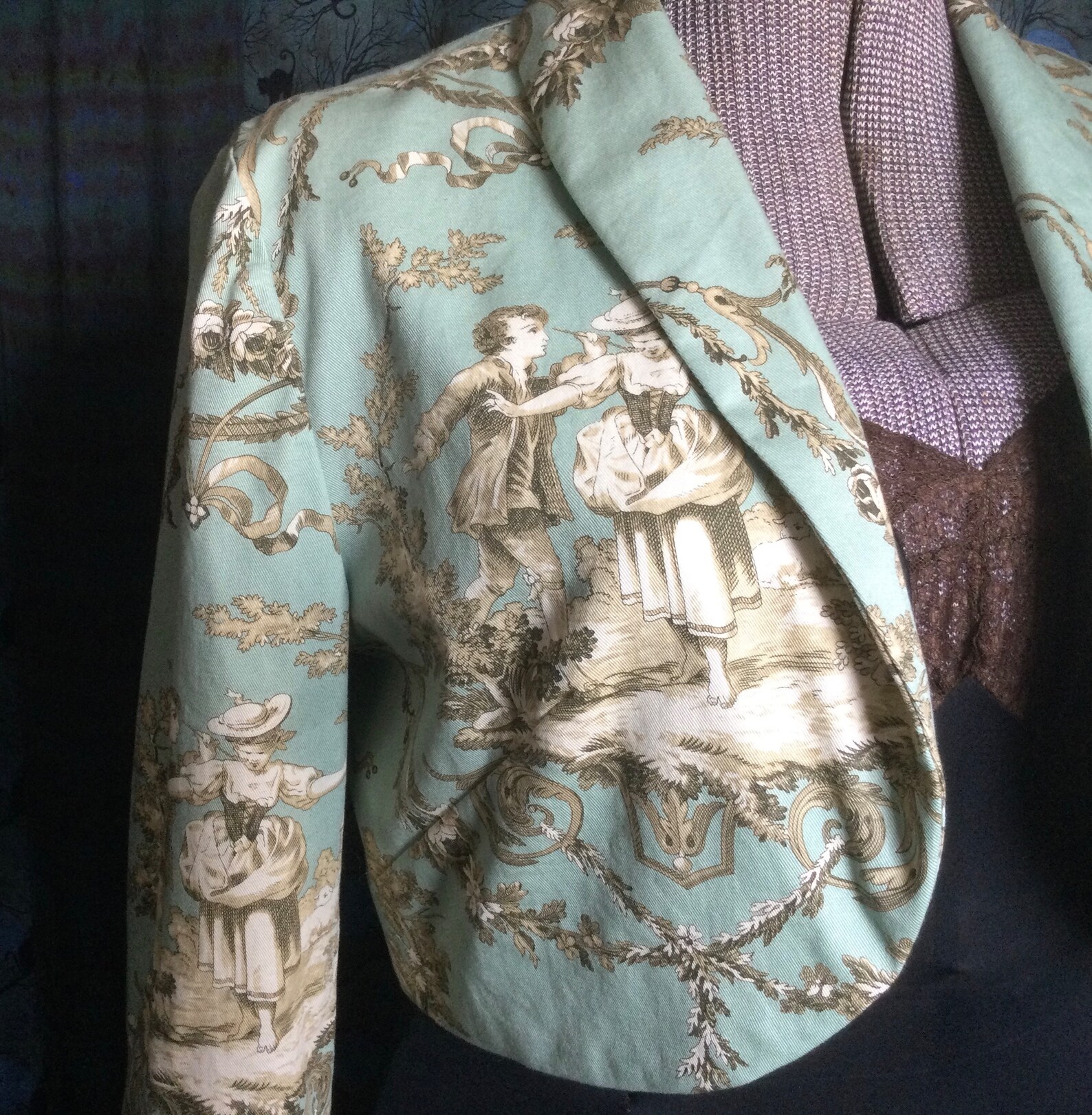 Aqua Toile Bolero Jacket, Boho Chic Retro Jacket, Lightweight Lined ...