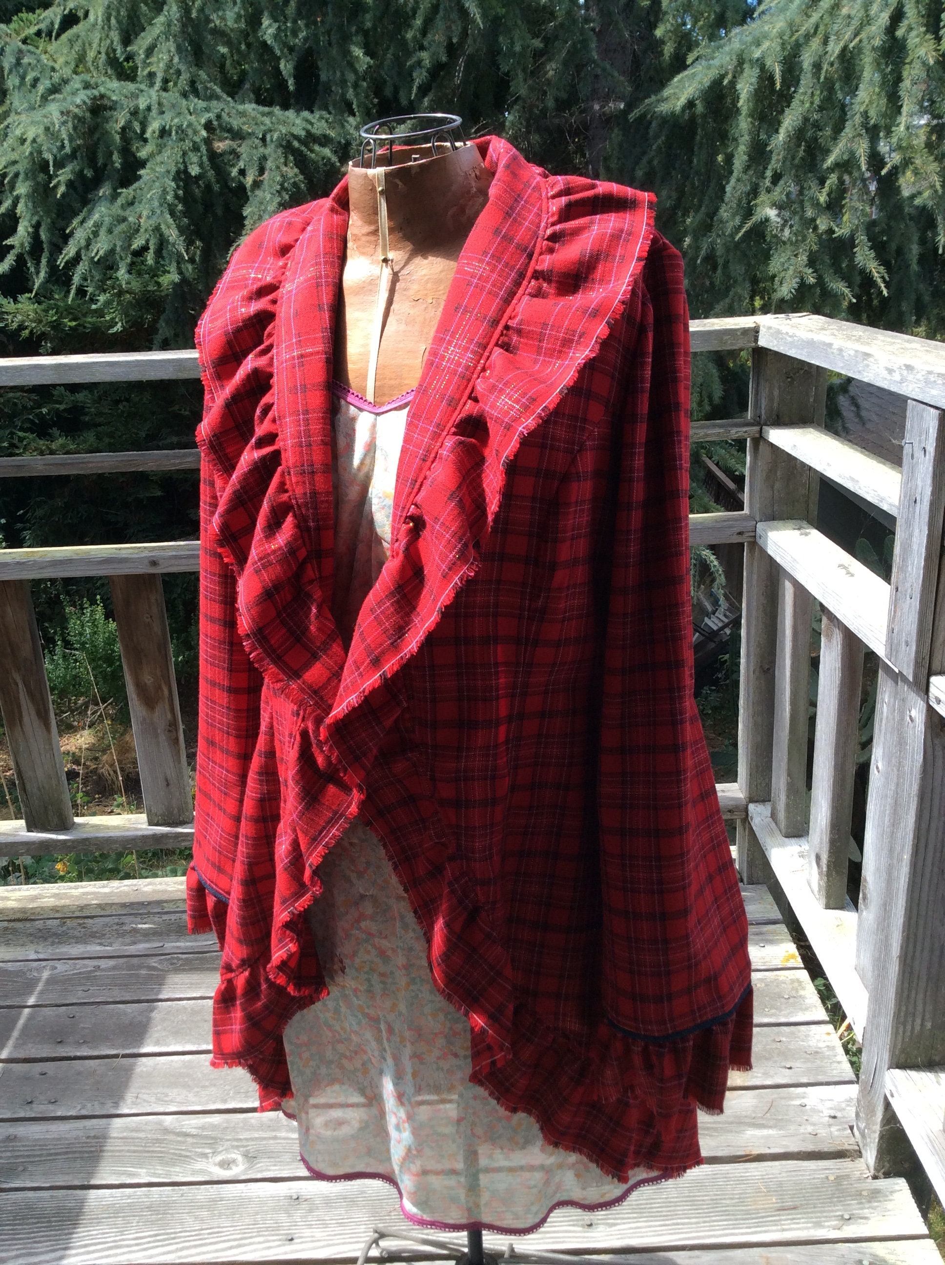 Red Plaid Women’s Victorian Cutaway Jacket, Ruffled Edwardian Coat ...
