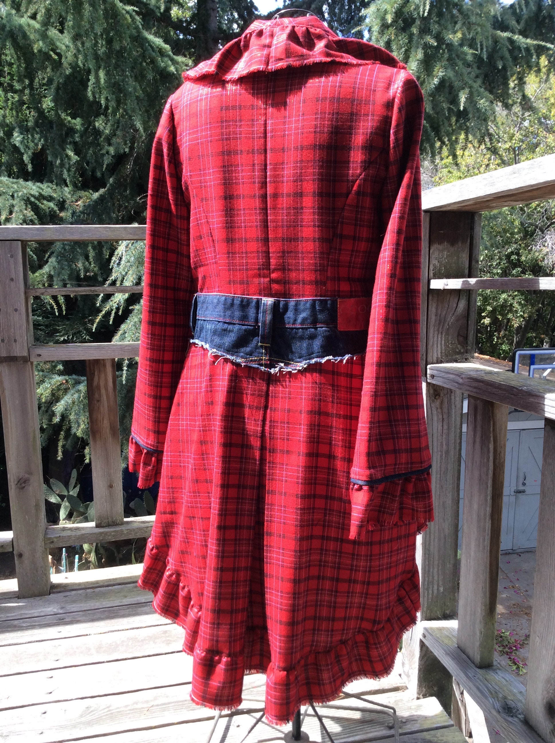 Red Plaid Women’s Victorian Cutaway Jacket, Ruffled Edwardian Coat ...