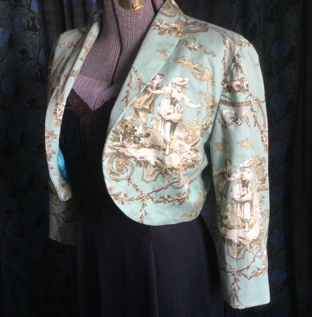 Aqua Toile Bolero Jacket, Boho Chic Retro Jacket, Lightweight Lined ...