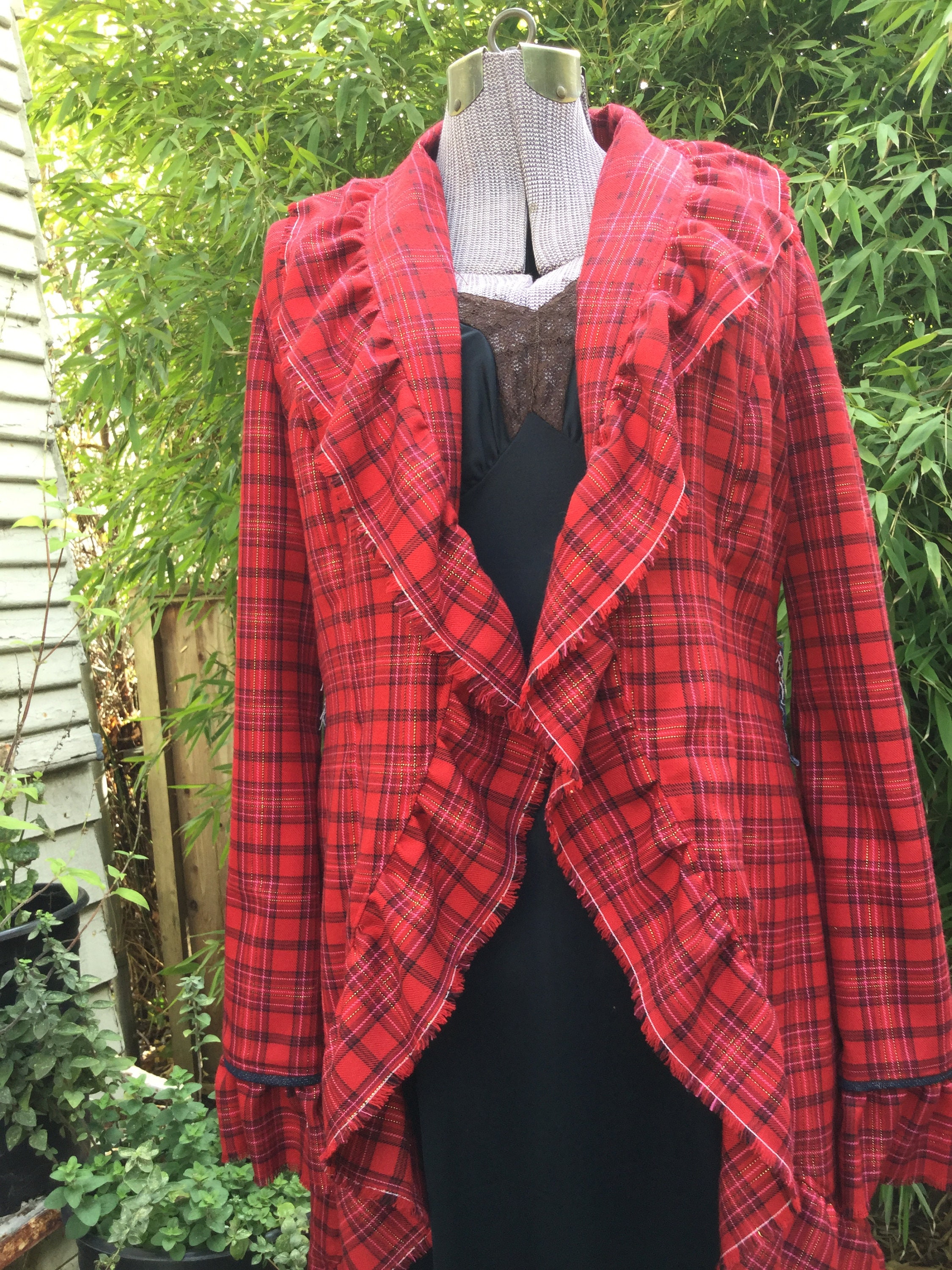 Red Plaid Womens Victorian Cutaway Jacket, Ruffled Edwardian Coat ...
