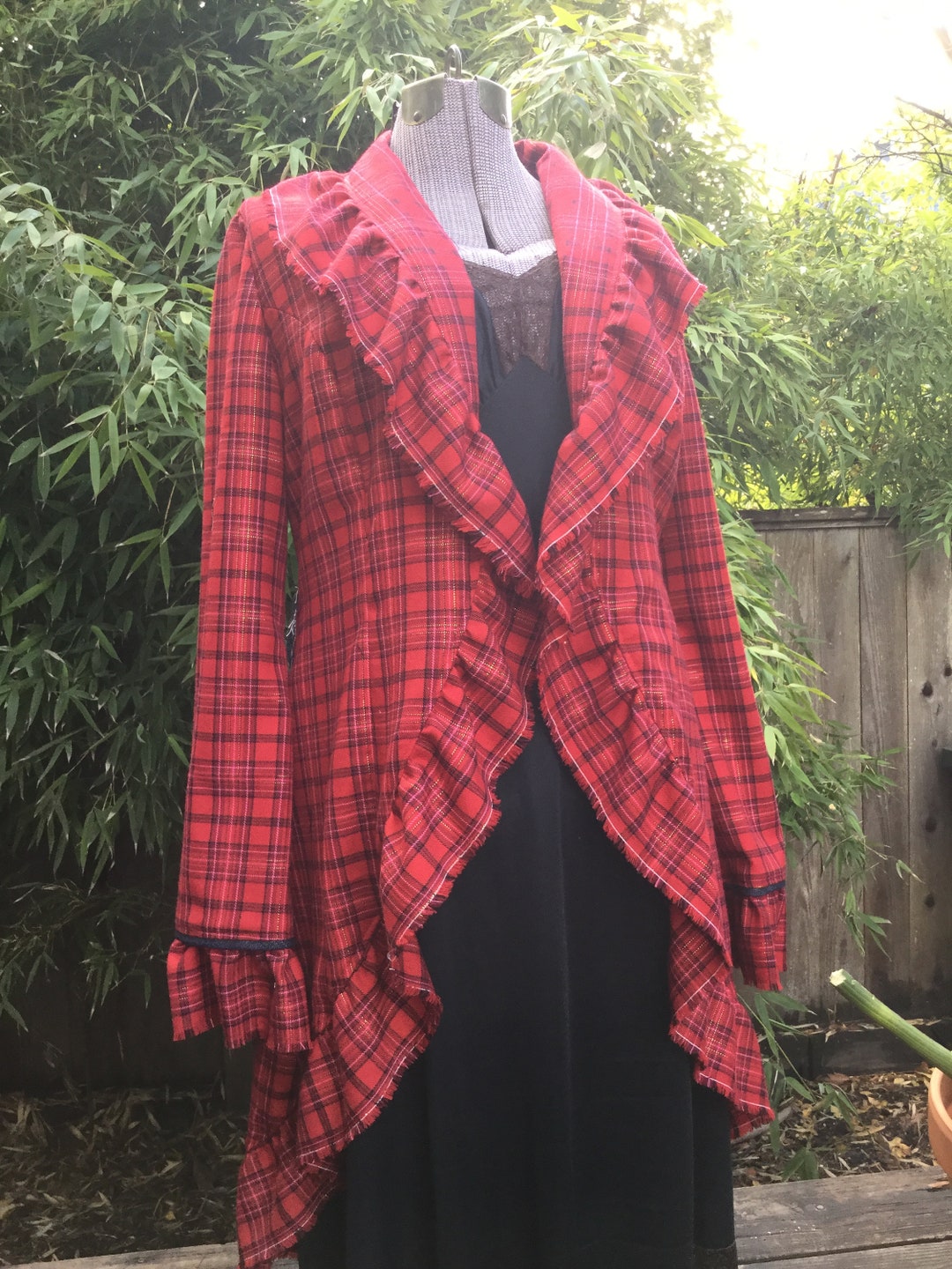Red Plaid Women’s Victorian Cutaway Jacket, Ruffled Edwardian Coat ...