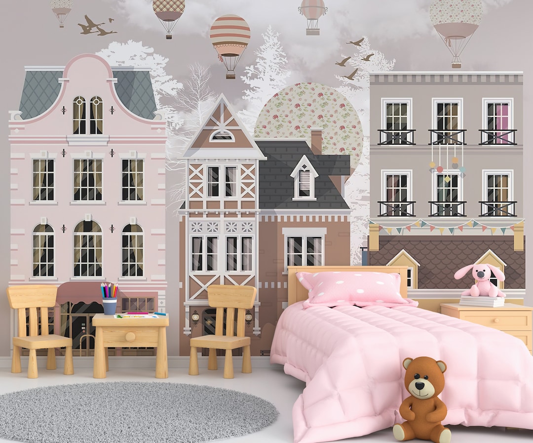 Cute City View Wallpaper, Removable Wallpaper , Building Wall Art Peel ...