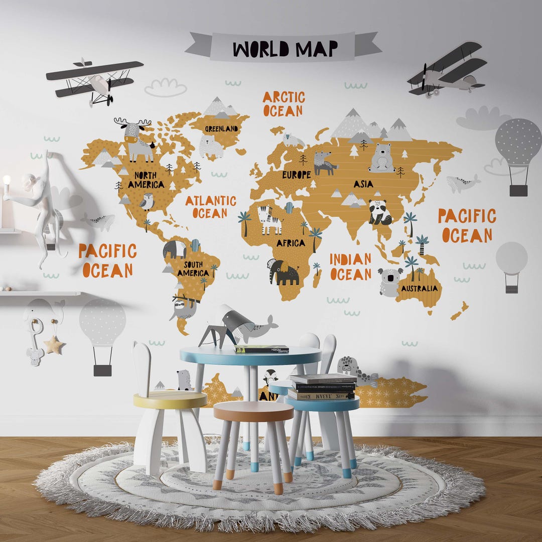 Cute World Map, Educational Wall Map, Peel and Stick Wallpaper, Kids ...