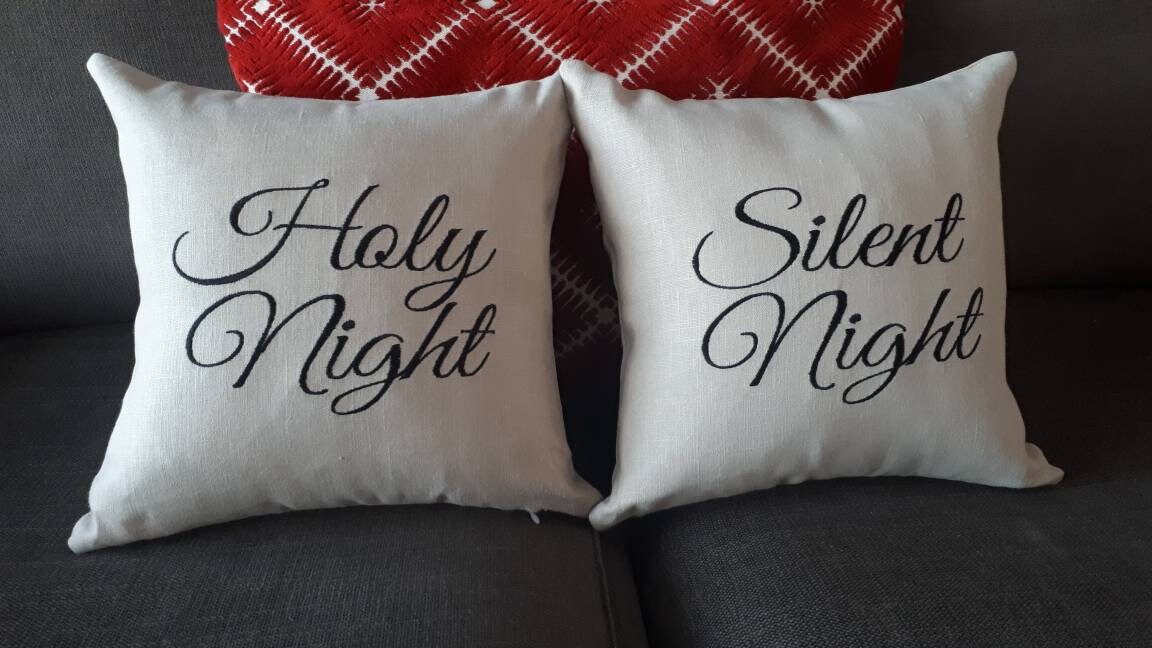 Silent Night and Holy Night Set of 2 Embroidered Linen Pillows With ...