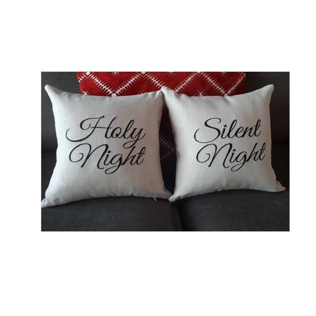 Silent Night and Holy Night Set of 2 Embroidered Linen Pillows With ...