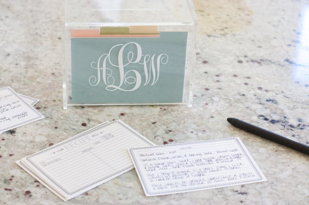 Recipe Box Monogrammed | 4x6 Acrylic Recipe Card Storage | Bridal ...