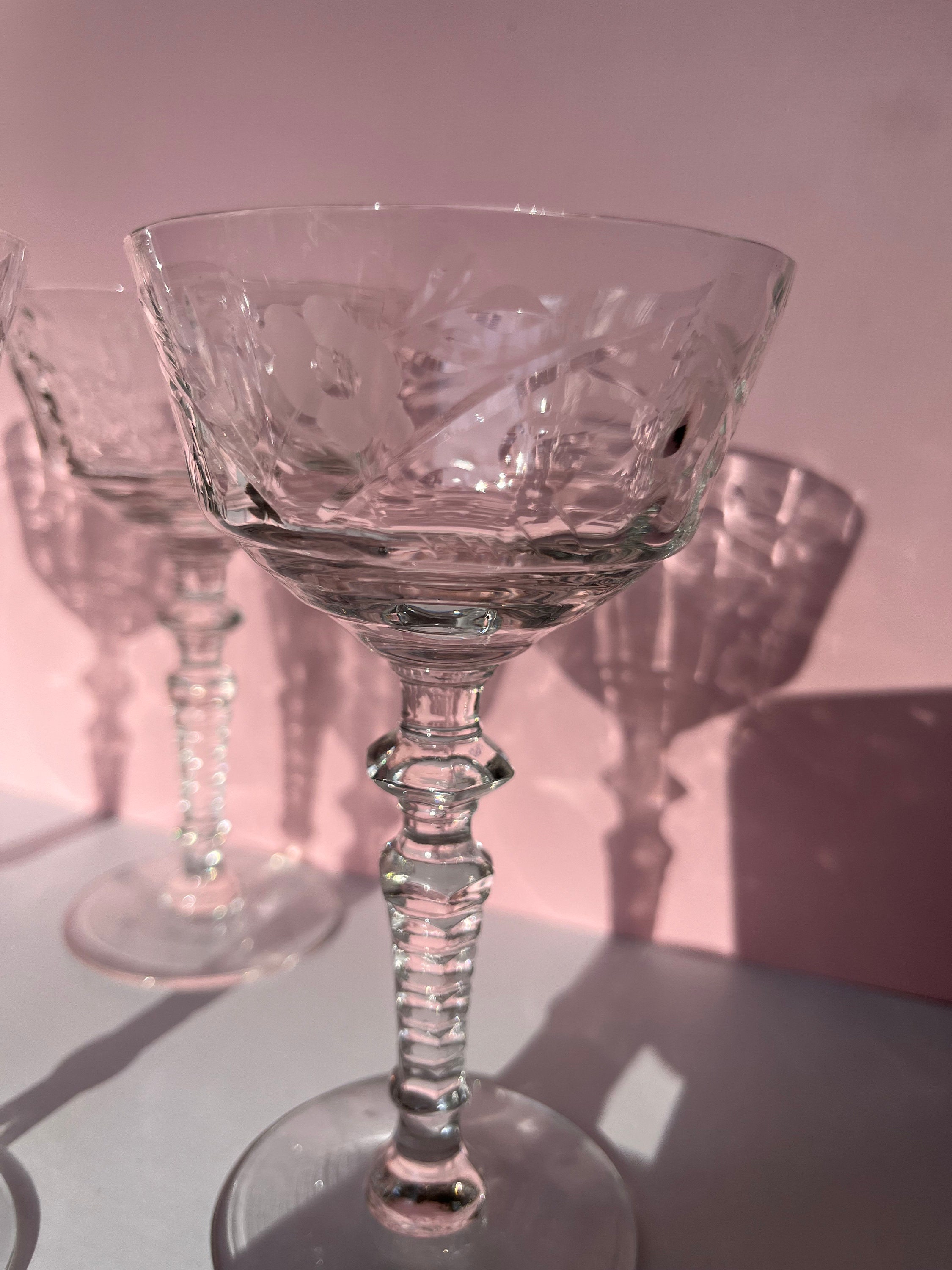 Vintage Libbey Rock Sharpe Etched Flower Pattern Coupe Glasses, Set of 4, Cocktail Barware ...
