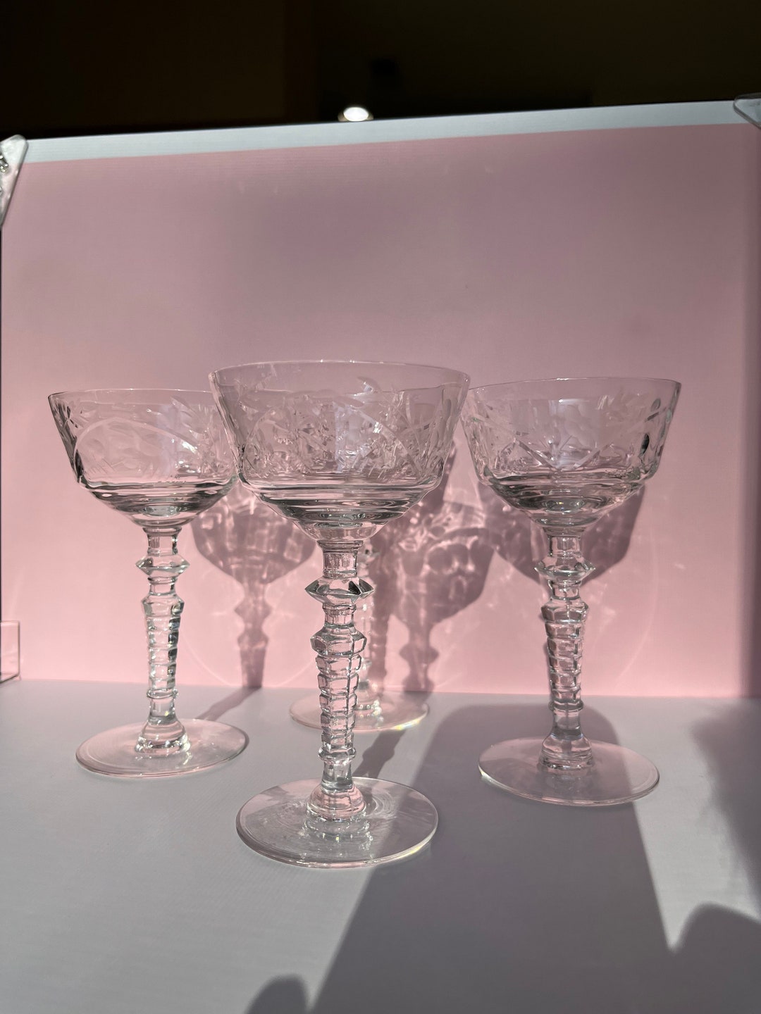 Vintage Libbey Rock Sharpe Etched Flower Pattern Coupe Glasses, Set of 4, Cocktail Barware ...