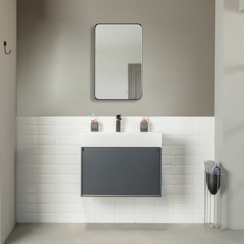 Solid Wood Dark Gray Color, Floating Mount Bathroom Vanity, Integrated ...
