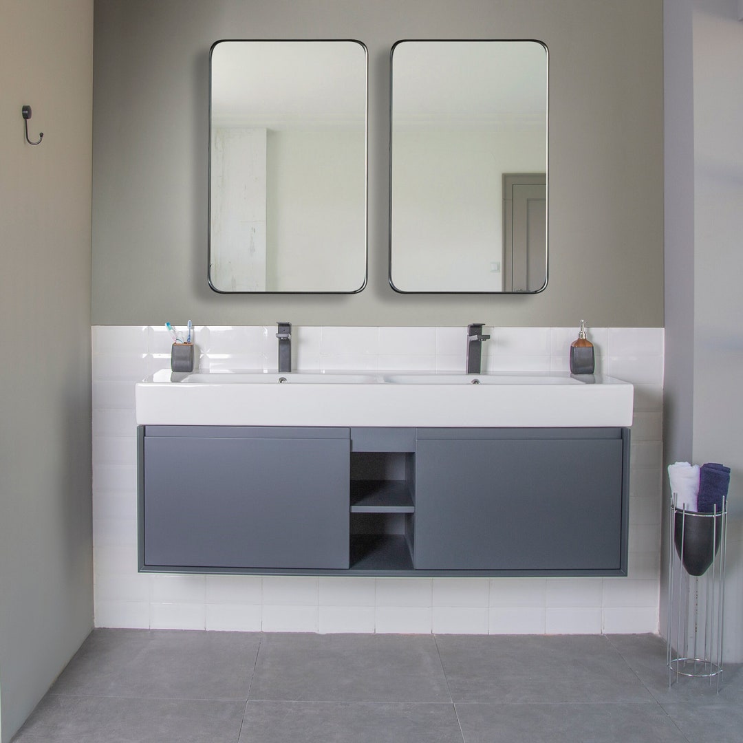 Solid Wood Dark Gray Color, Floating Mount Bathroom Vanity, Integrated ...