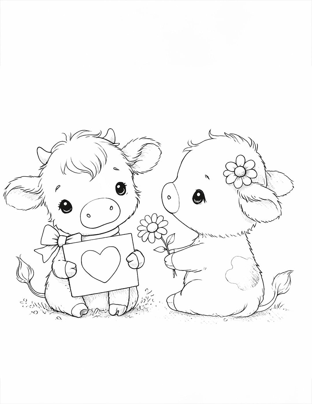 Cow Valentine Coloring Page Printable Cute Farm Animal Love Art - Etsy