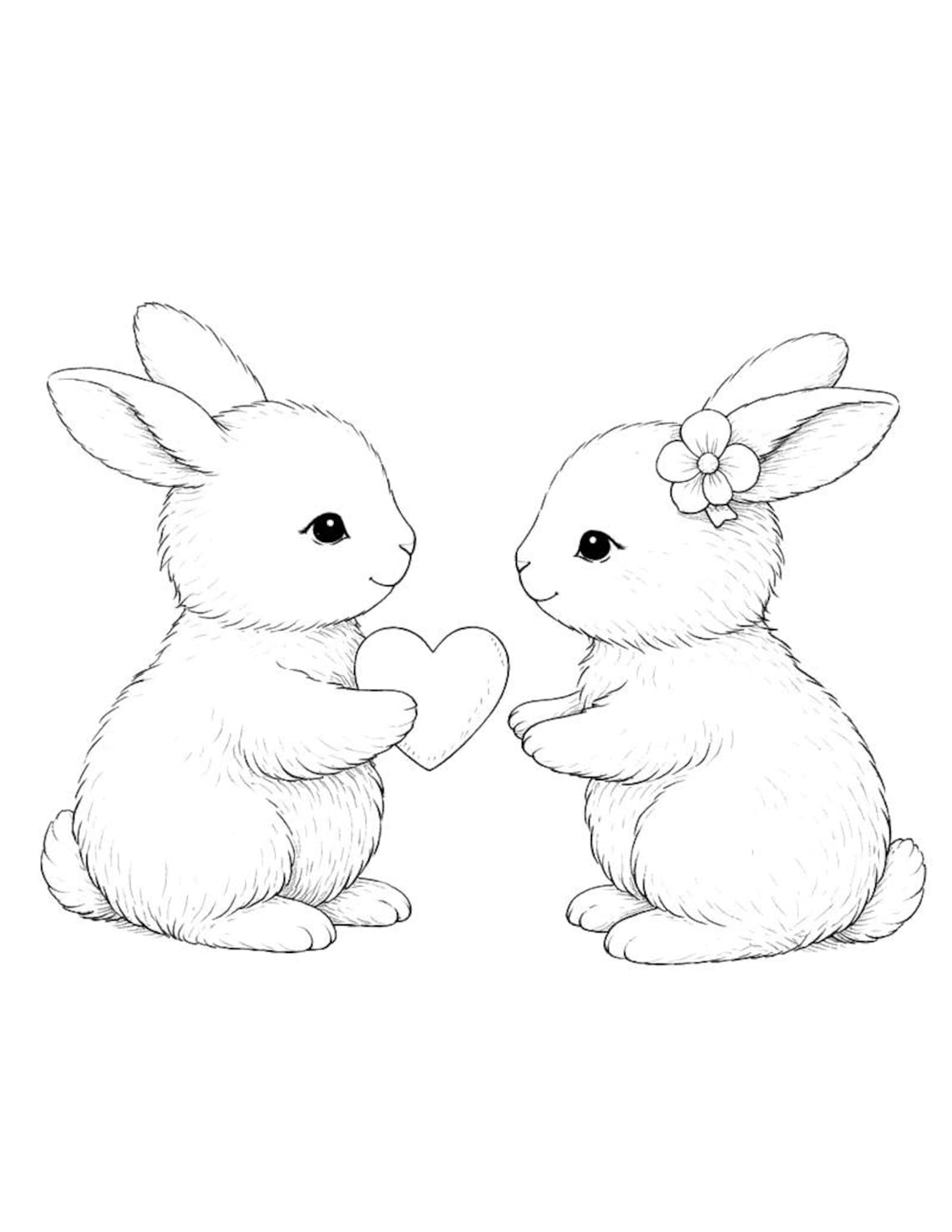 Bunny Valentine Coloring Page, Cute Rabbits in Flowers Line Art ...