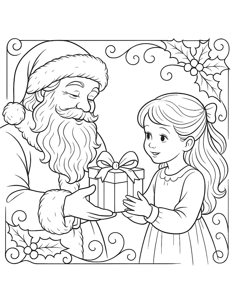 Santa Giving Gift Coloring Page – 300 DPI JPEG – Cute Christmas ...