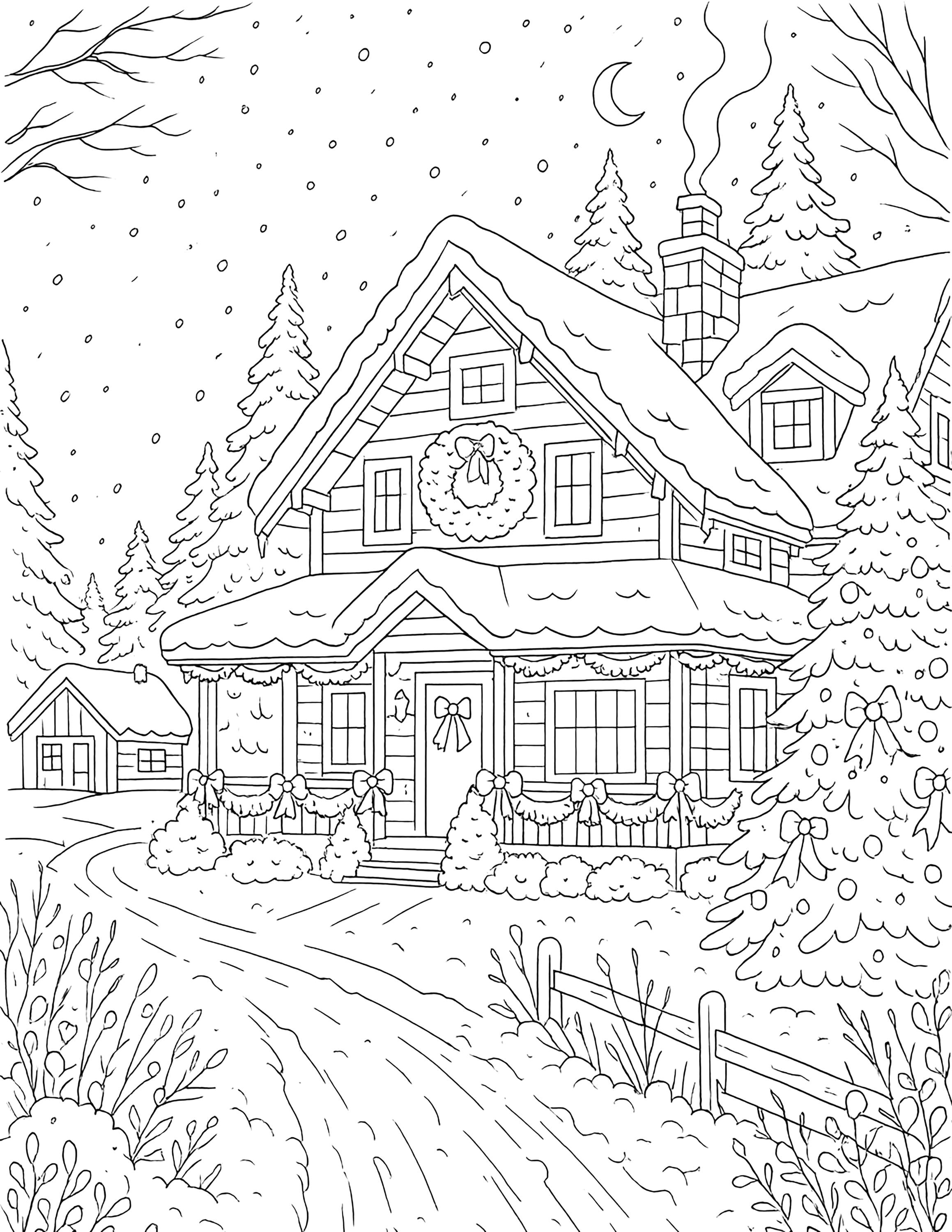 Cozy Christmas Cottage Coloring Page – Winter Cabin Scene – Digital ...