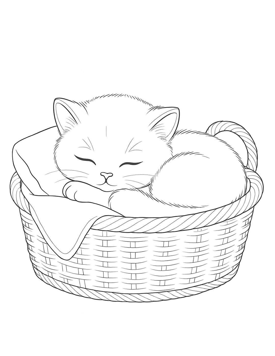 Sleeping Kitten in Basket Coloring Page – 300 DPI JPEG • Cute Cozy Cat ...