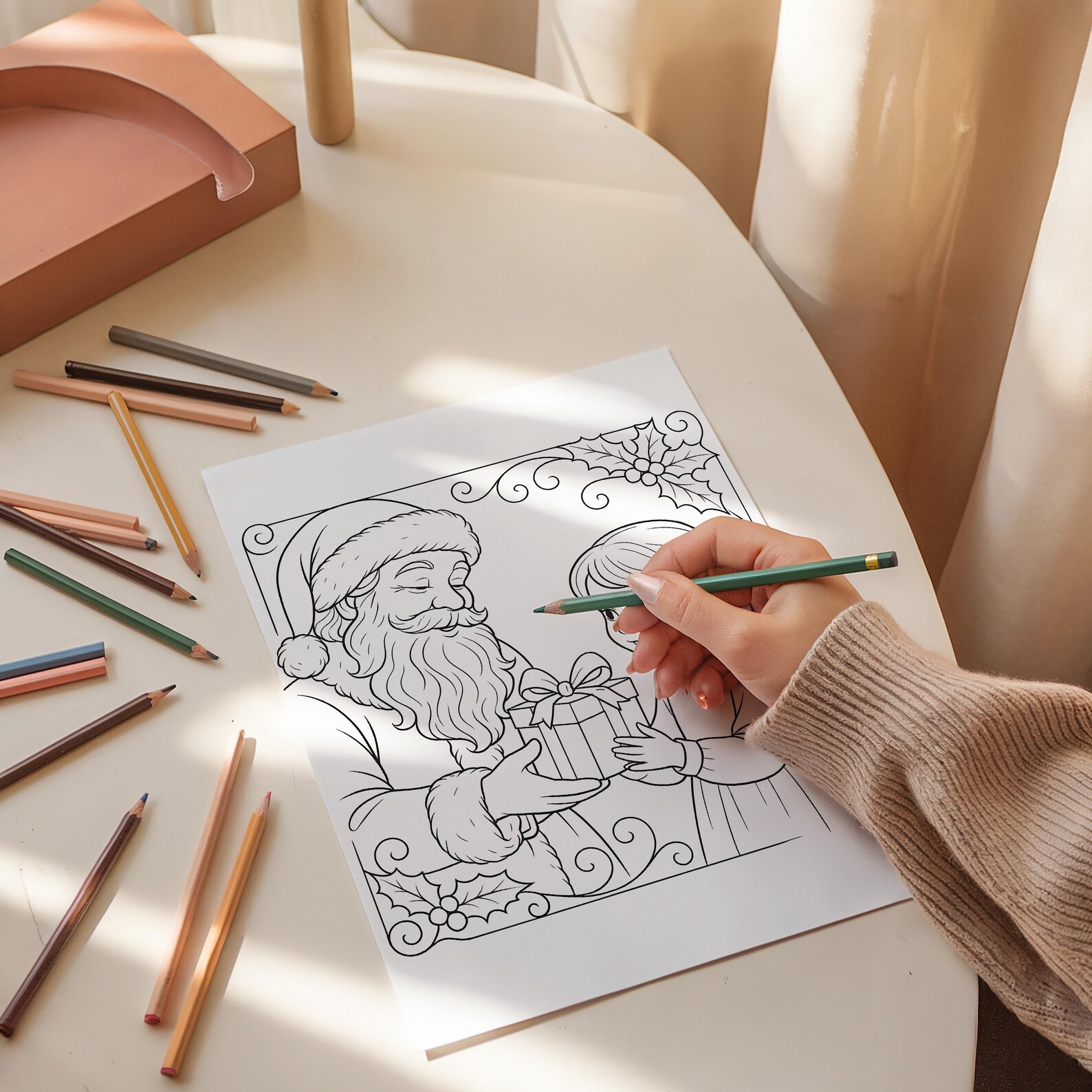 Santa Giving Gift Coloring Page – 300 DPI JPEG – Cute Christmas ...