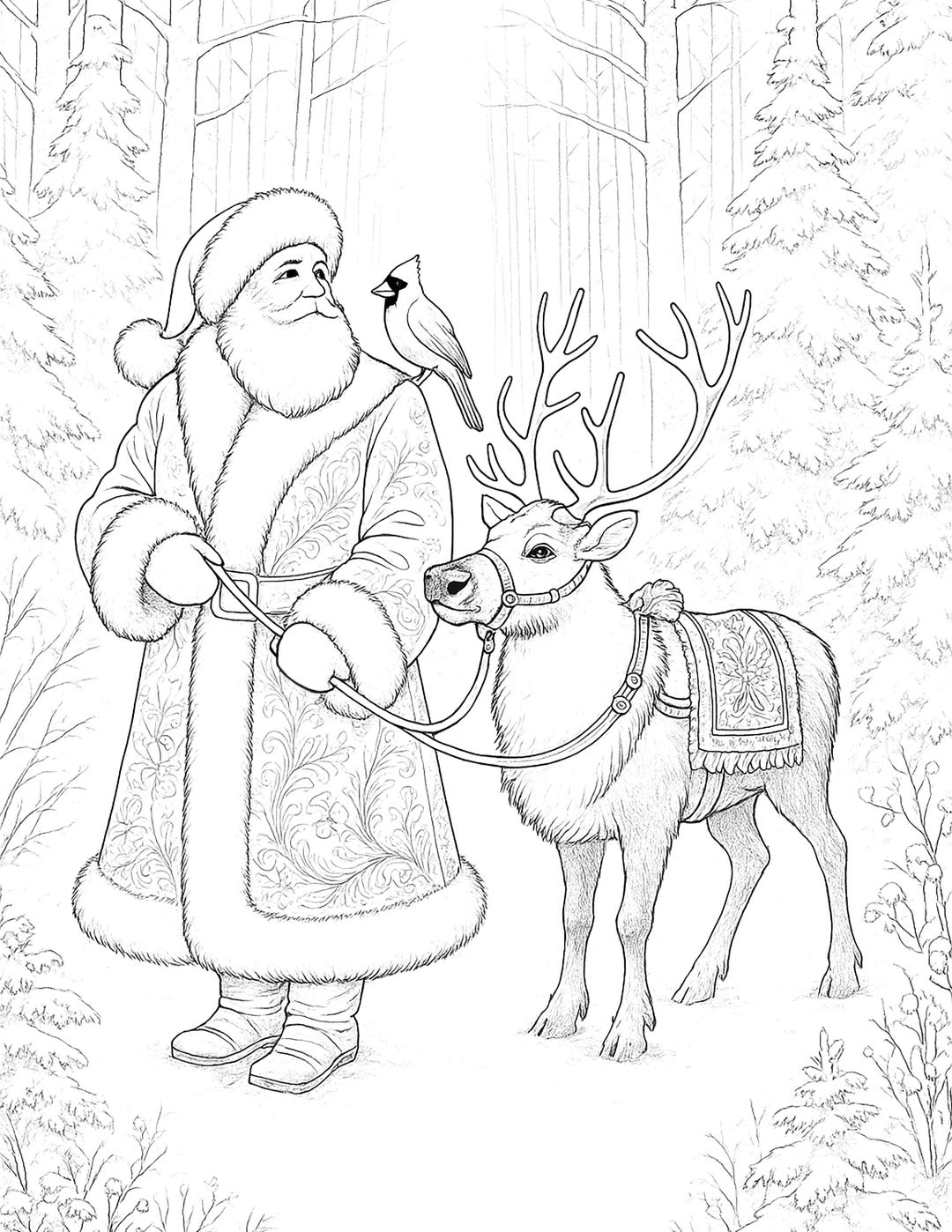 Santa & Reindeer Christmas Coloring Page – 300 DPI JPEG – Winter Forest ...