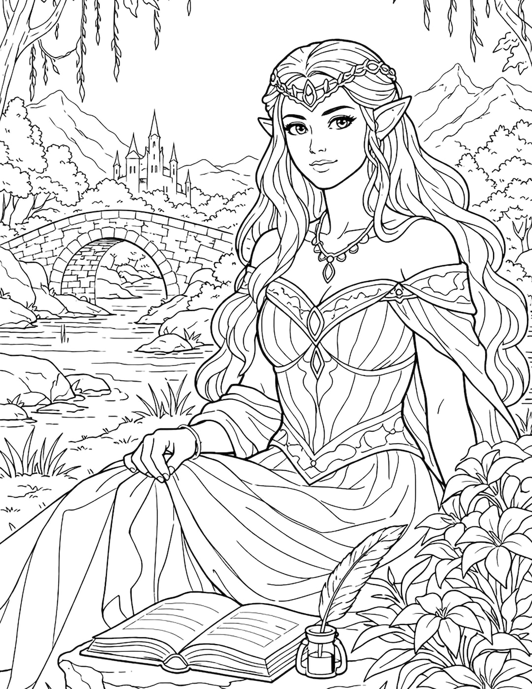 Elf Princess Coloring Page, Fantasy Elf Woman Line Art, Magical Fairy ...