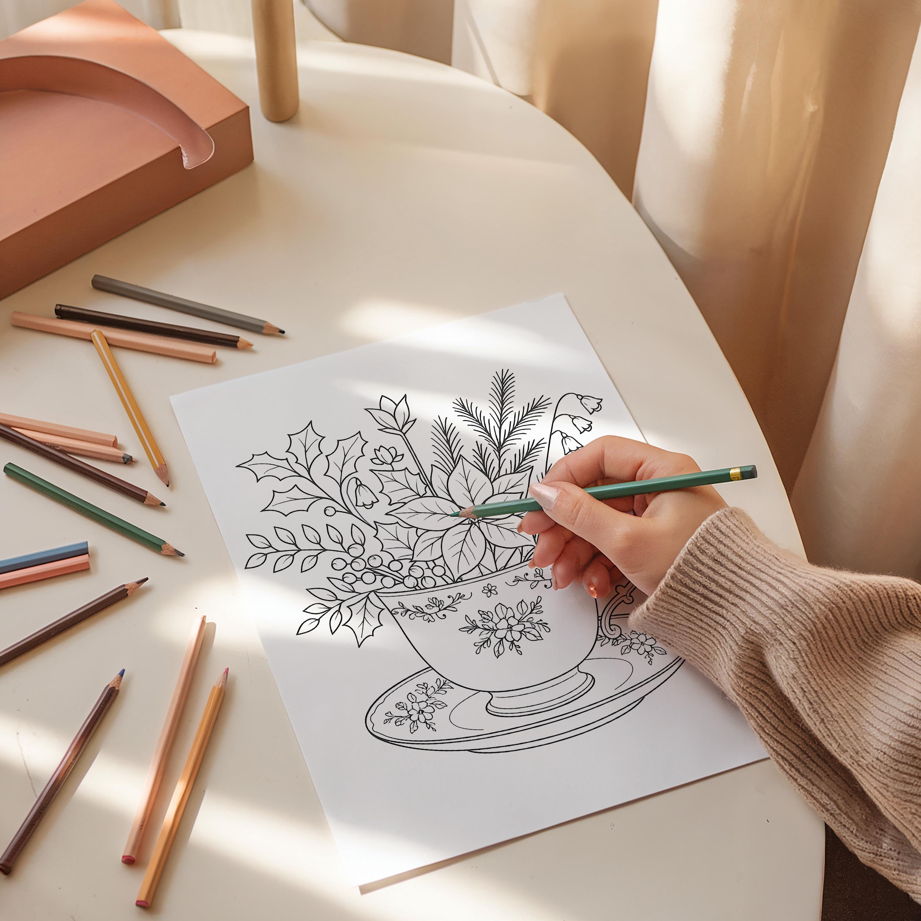 Christmas Teacup Floral Coloring Page – 300 DPI JPEG – Elegant Holiday ...
