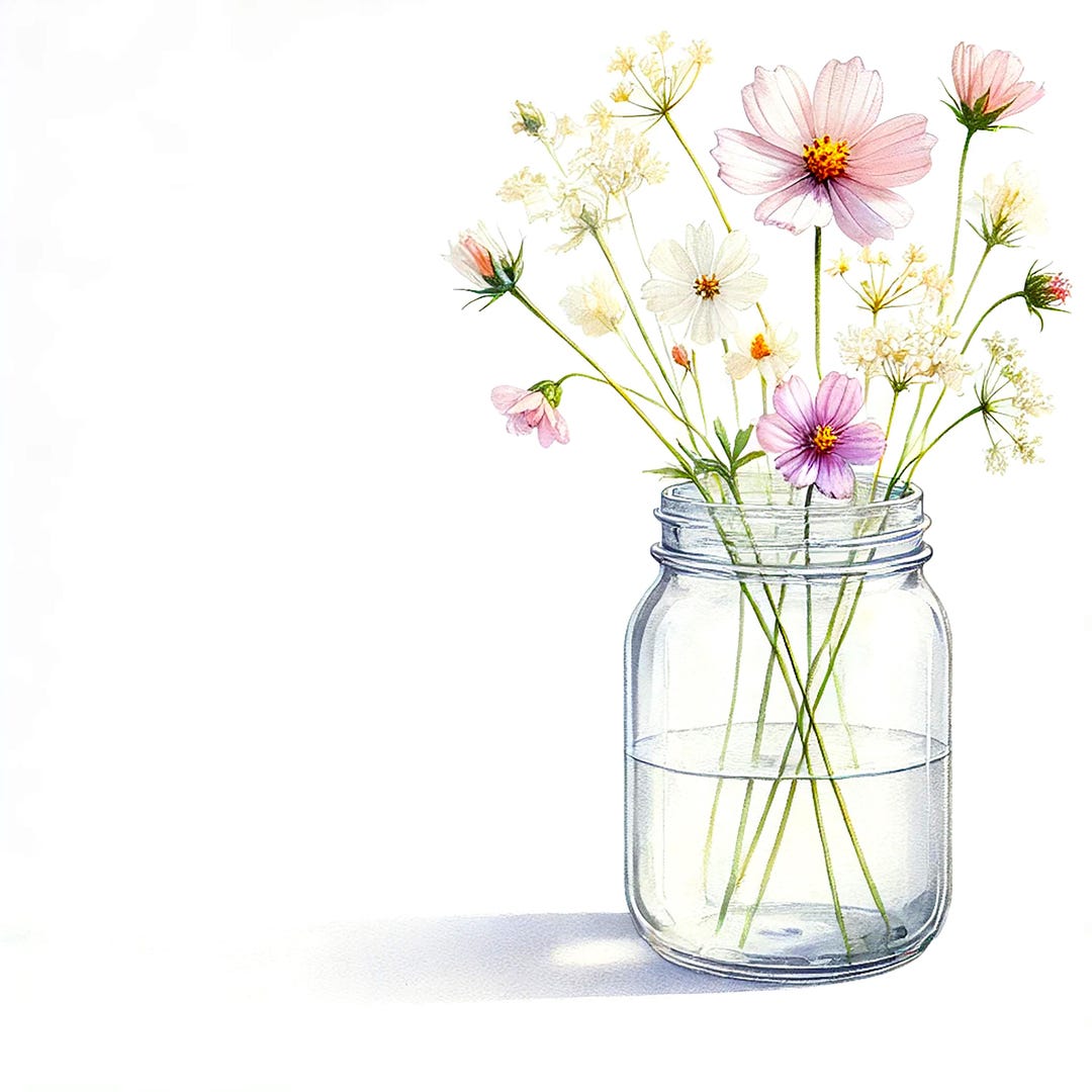Minimalist Wildflower Bouquet in Mason Jar - Digital Watercolor Art ...