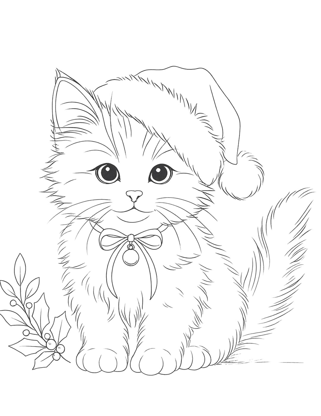 Christmas Kitten in Santa Hat Coloring Page – 300 DPI JPEG Digital ...