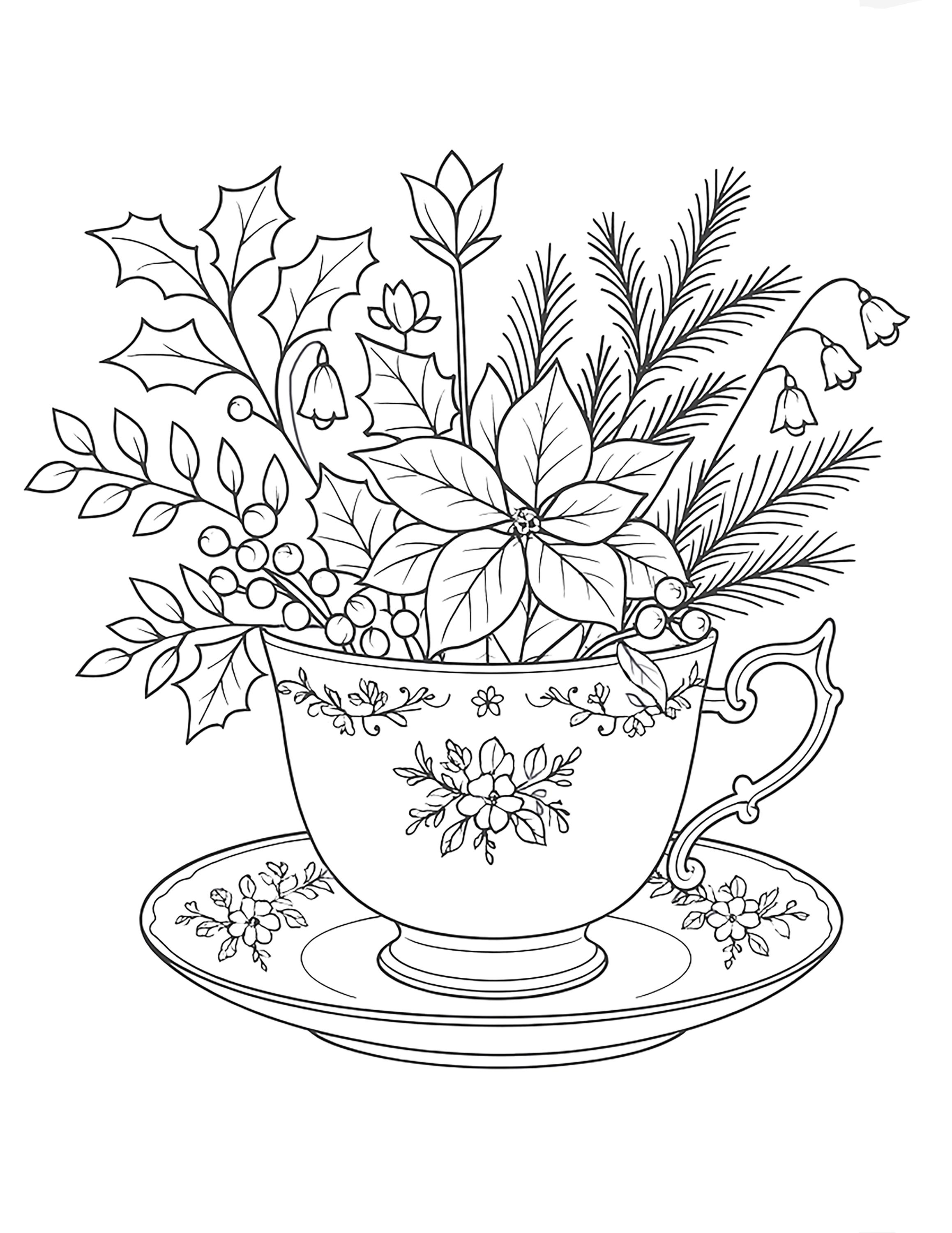 Christmas Teacup Floral Coloring Page – 300 DPI JPEG – Elegant Holiday ...