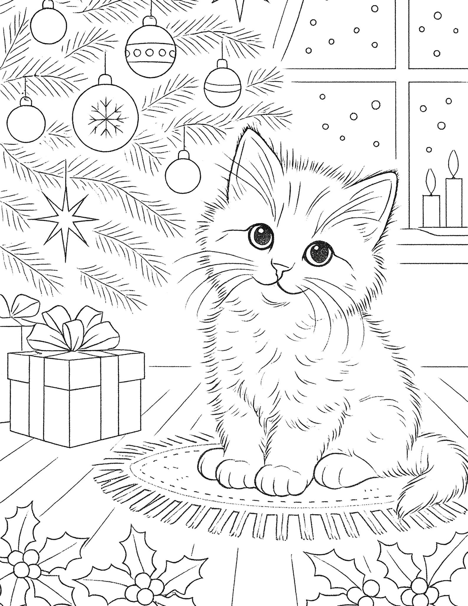 Christmas Kitten Coloring Page – Cute Holiday Cat With Christmas Tree ...