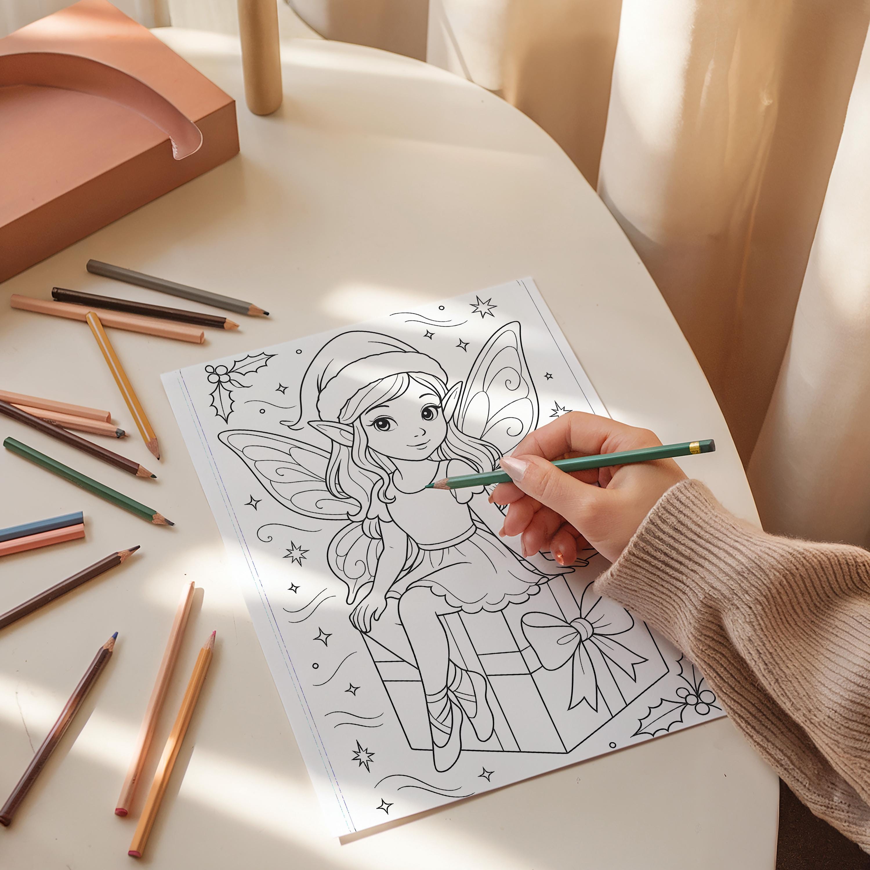 Christmas Fairy on Gift Coloring Page – Cute Holiday Fairy Line Art ...
