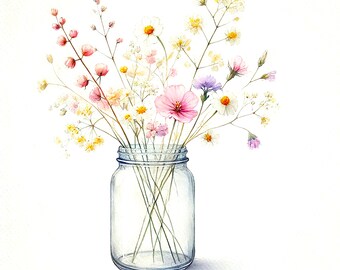 Minimalist Wildflower Bouquet in Mason Jar - Digital Watercolor Art ...