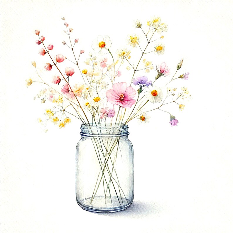 Minimalist Wildflower Bouquet in Mason Jar - Digital Watercolor Art ...