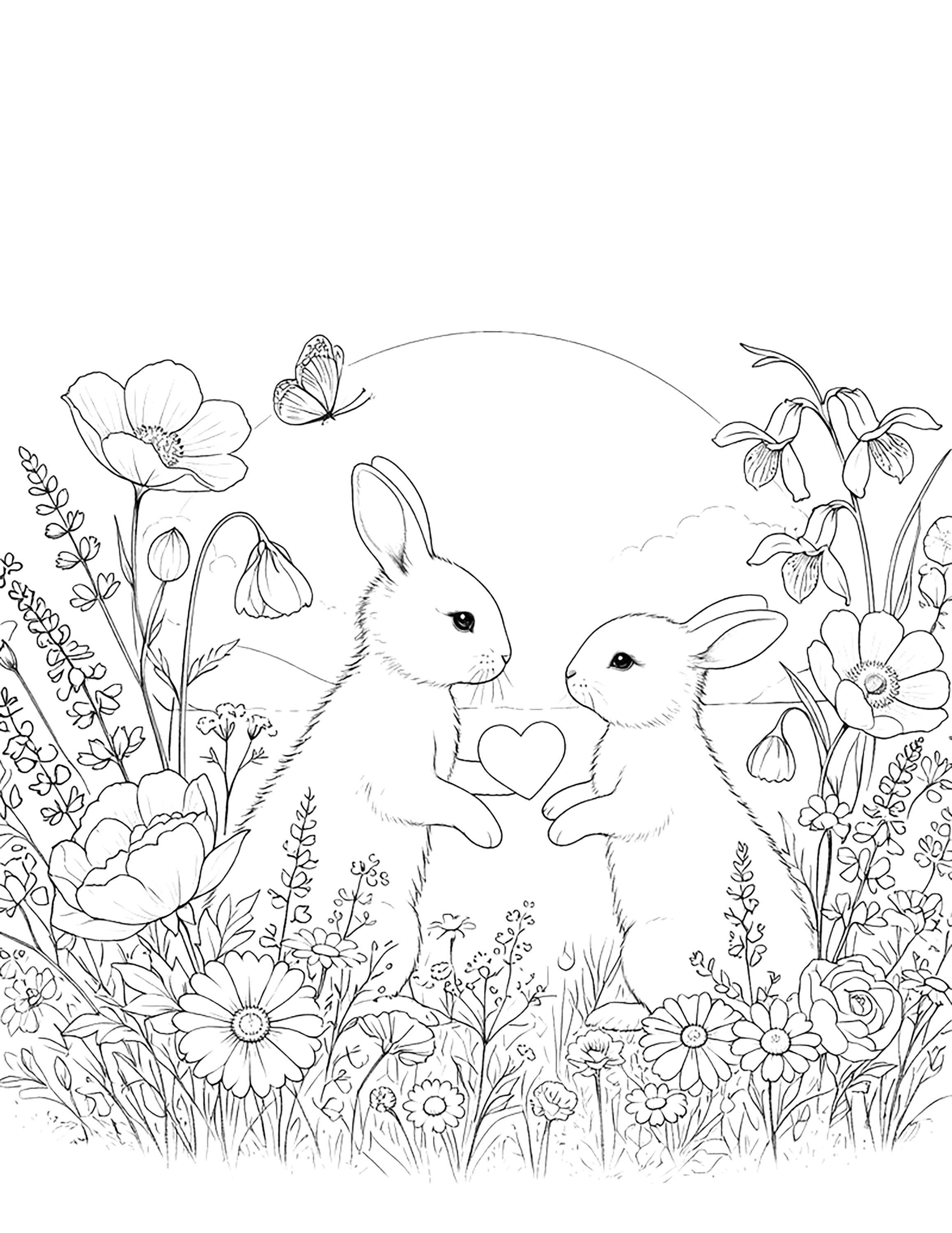 Bunny Valentine Coloring Page, Cute Rabbits in Flowers Line Art ...