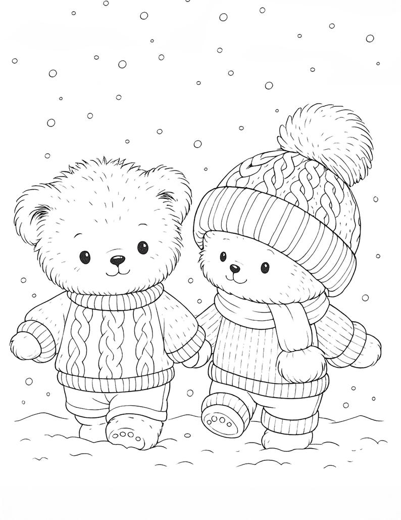 Cute Winter Bear Friends Coloring Page – Christmas Printable – 300 DPI ...