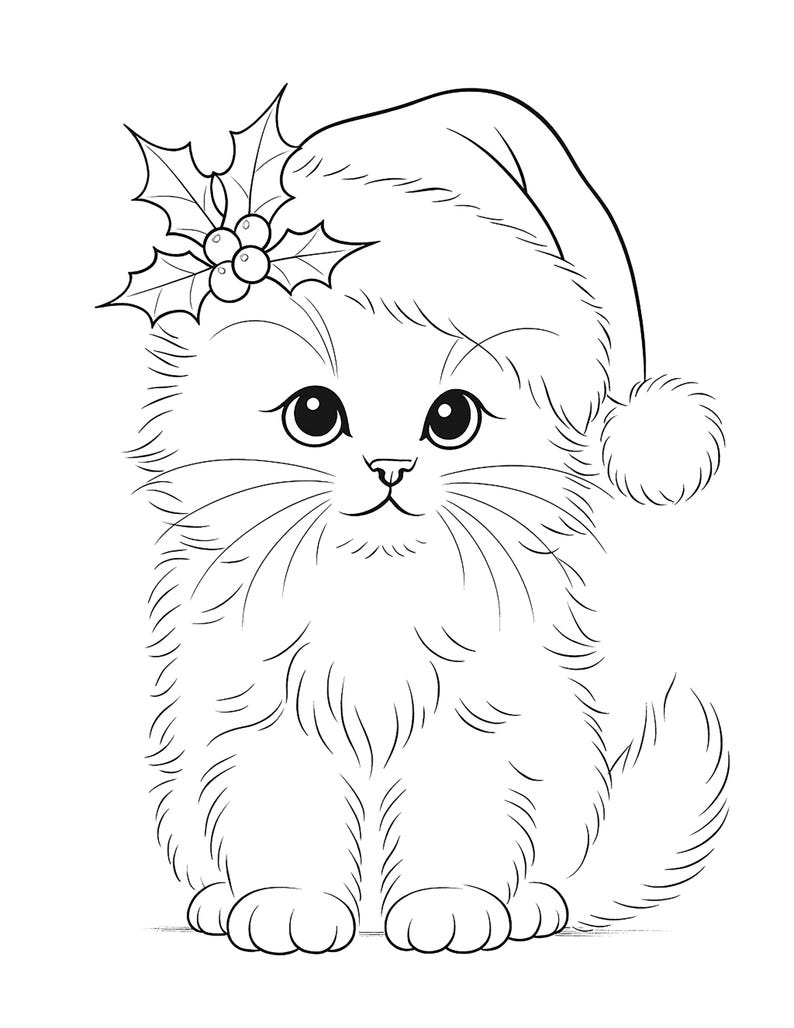 Christmas Kitten Coloring Page – Cute Holiday Cat in Santa Hat ...