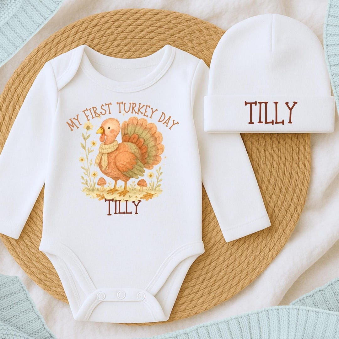 Personalized My First Turkey Day Bodysuit & Hat Set - Watercolor ...