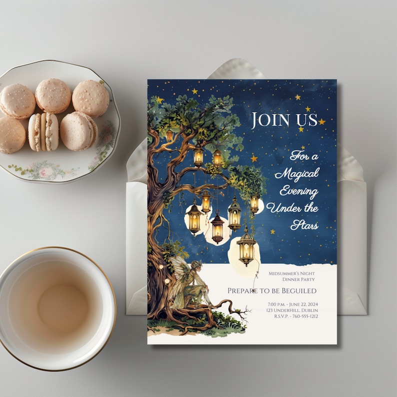 Editable Midsummer Fairy Dinner Party Invitation Fae Lights and Stars ...