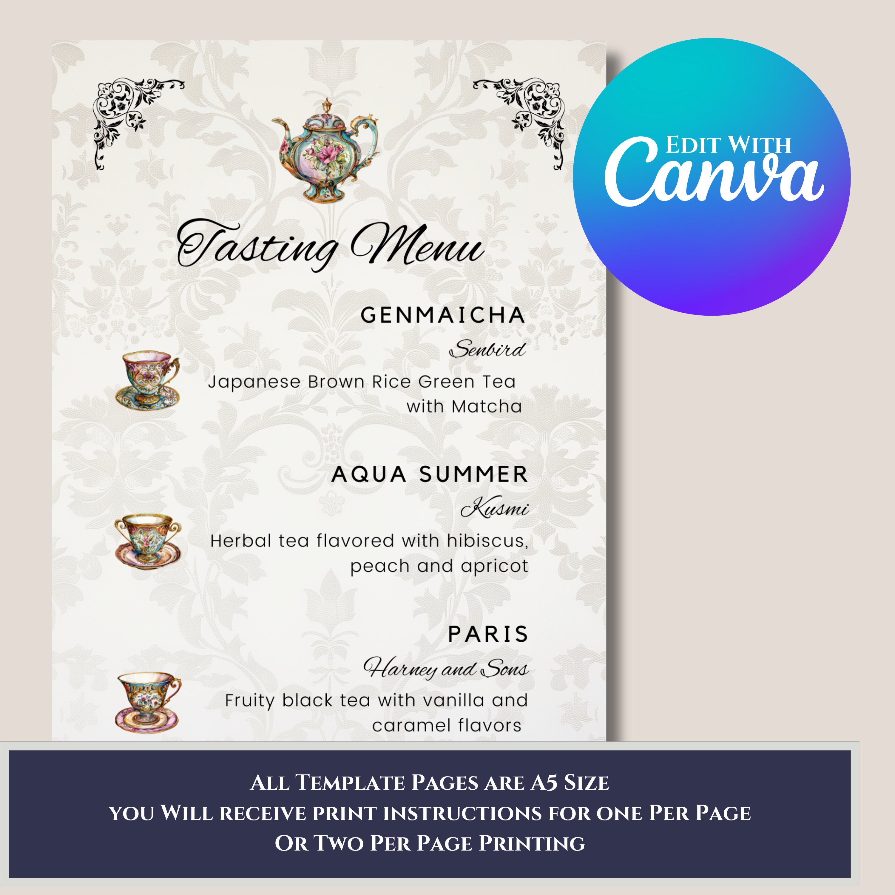 Afternoon Tea Editable Menu - Tasting Menu for High Tea Party With ...