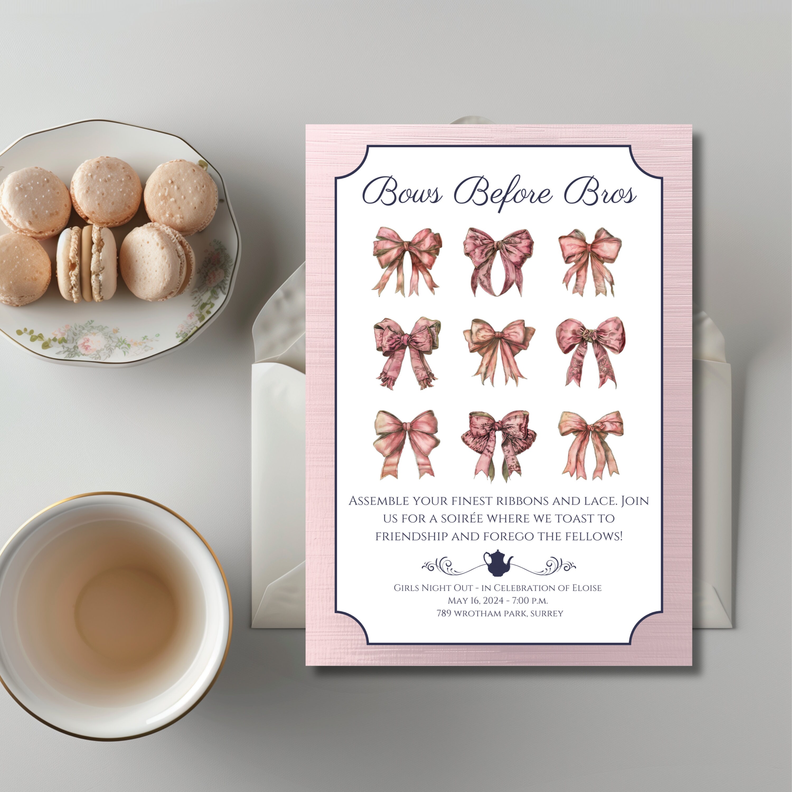 Editable Regency Party Invite - Coquette Vintage Pink Bows Before Bros ...