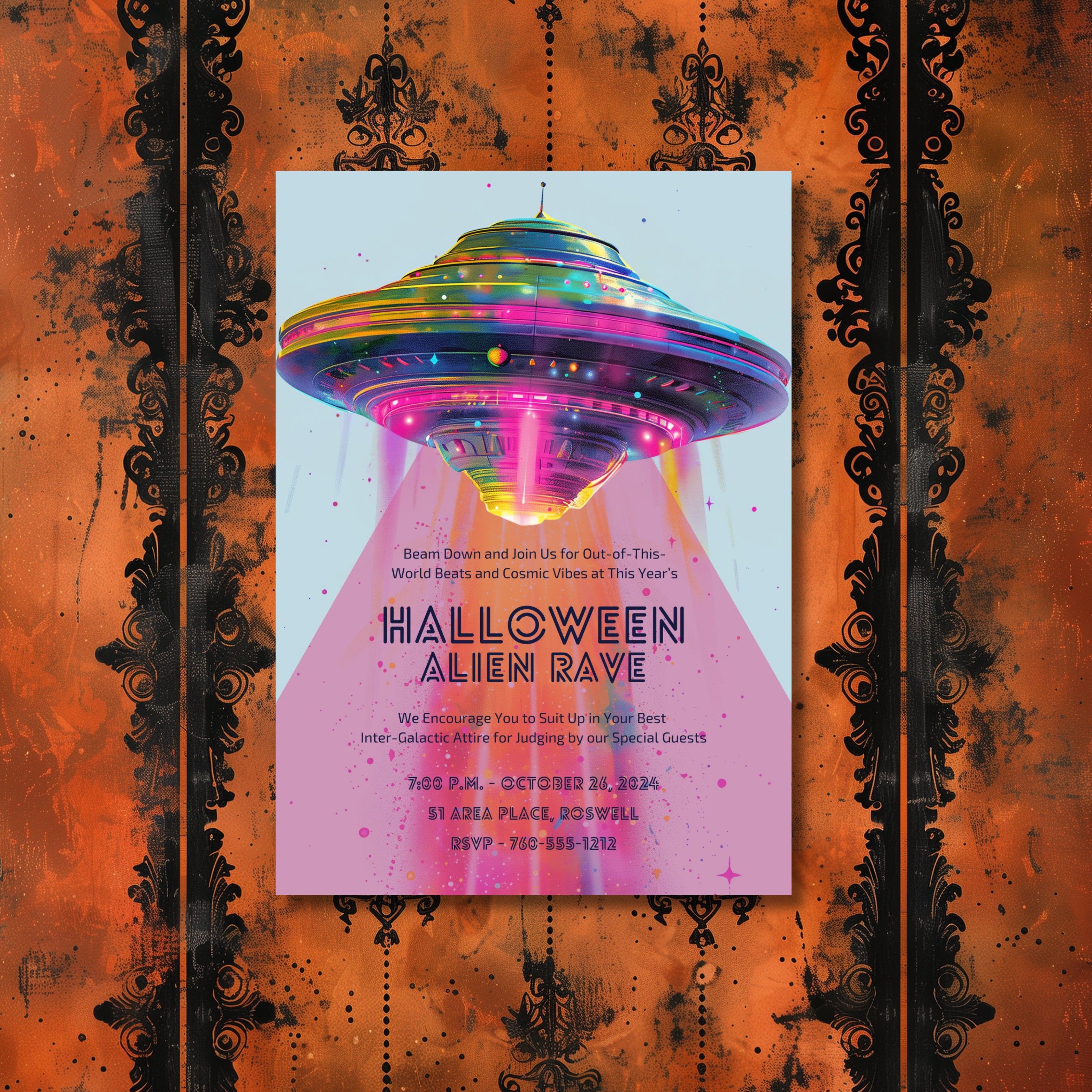 Editable Halloween Alien Rave Party Invitation - Retro-futurism UFO ...