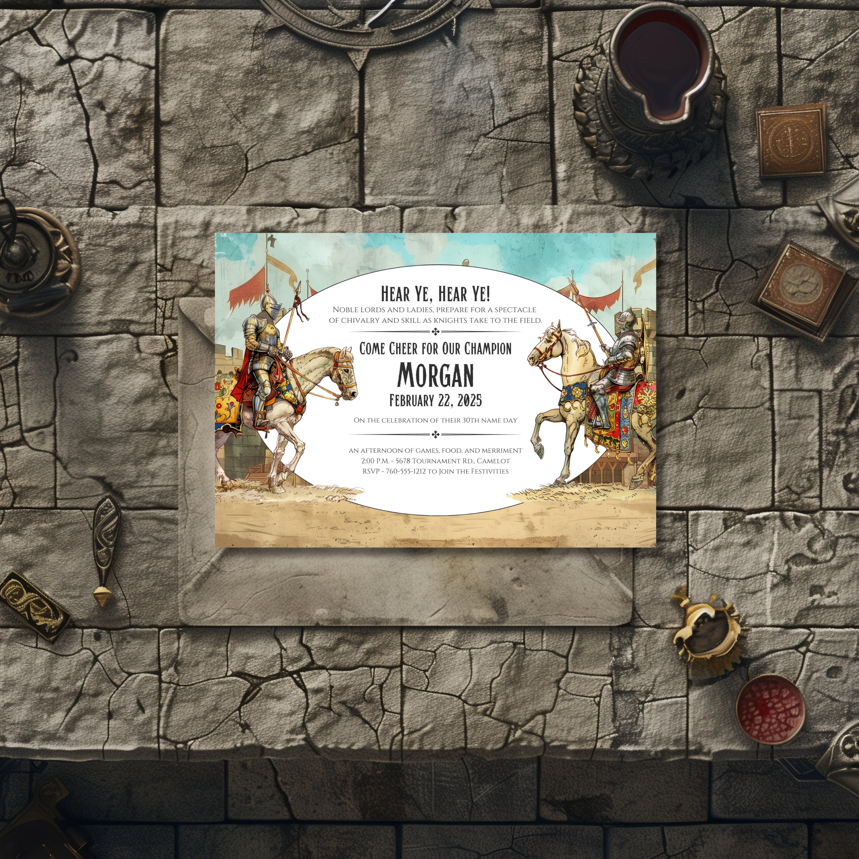 Editable Medieval Camelot Party Invitation - Jousting Knights on White ...