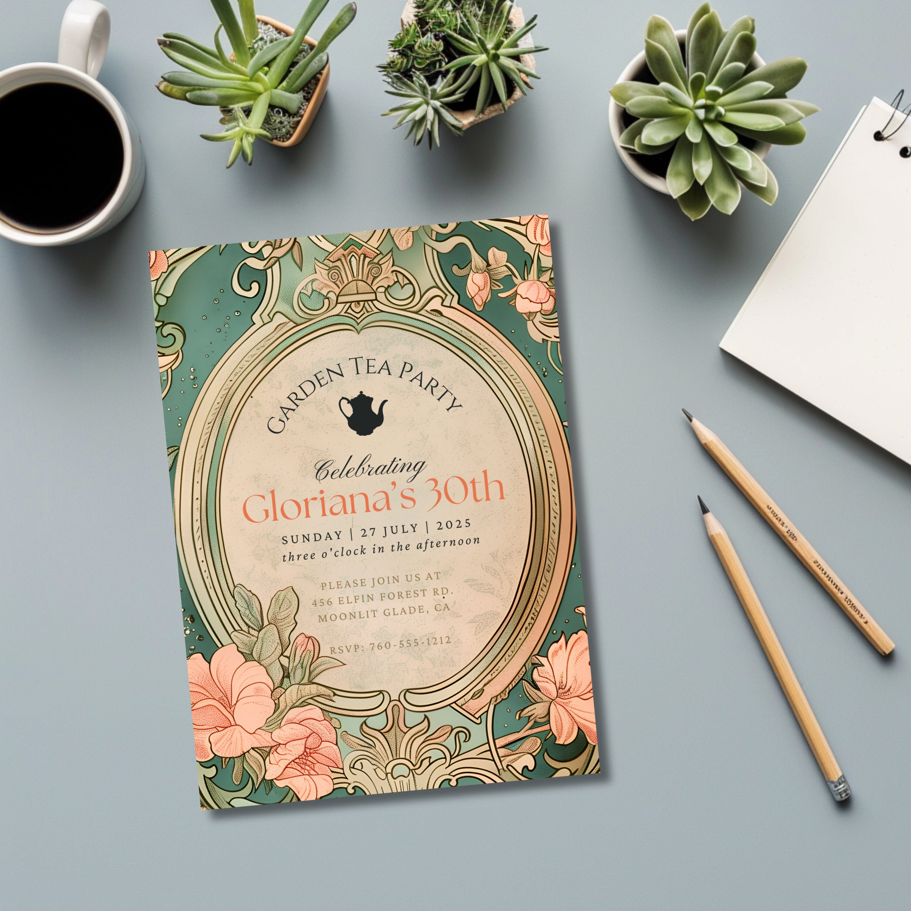 Editable Birthday Garden Tea Invitation - Art Nouveau Coral Flowers ...