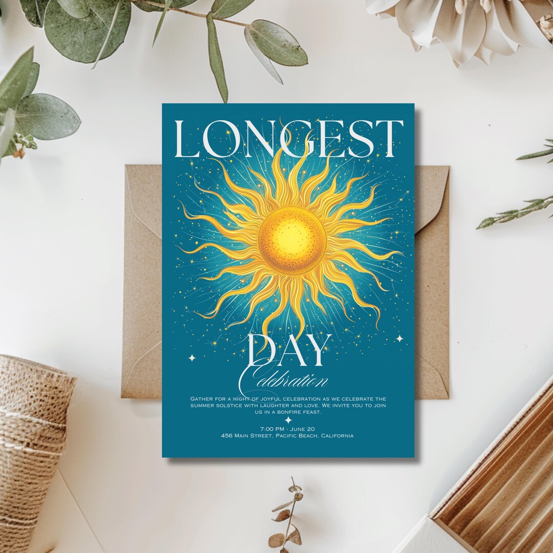 Editable Summer Solstice Party Invitation With Radiant Sun Illustration ...